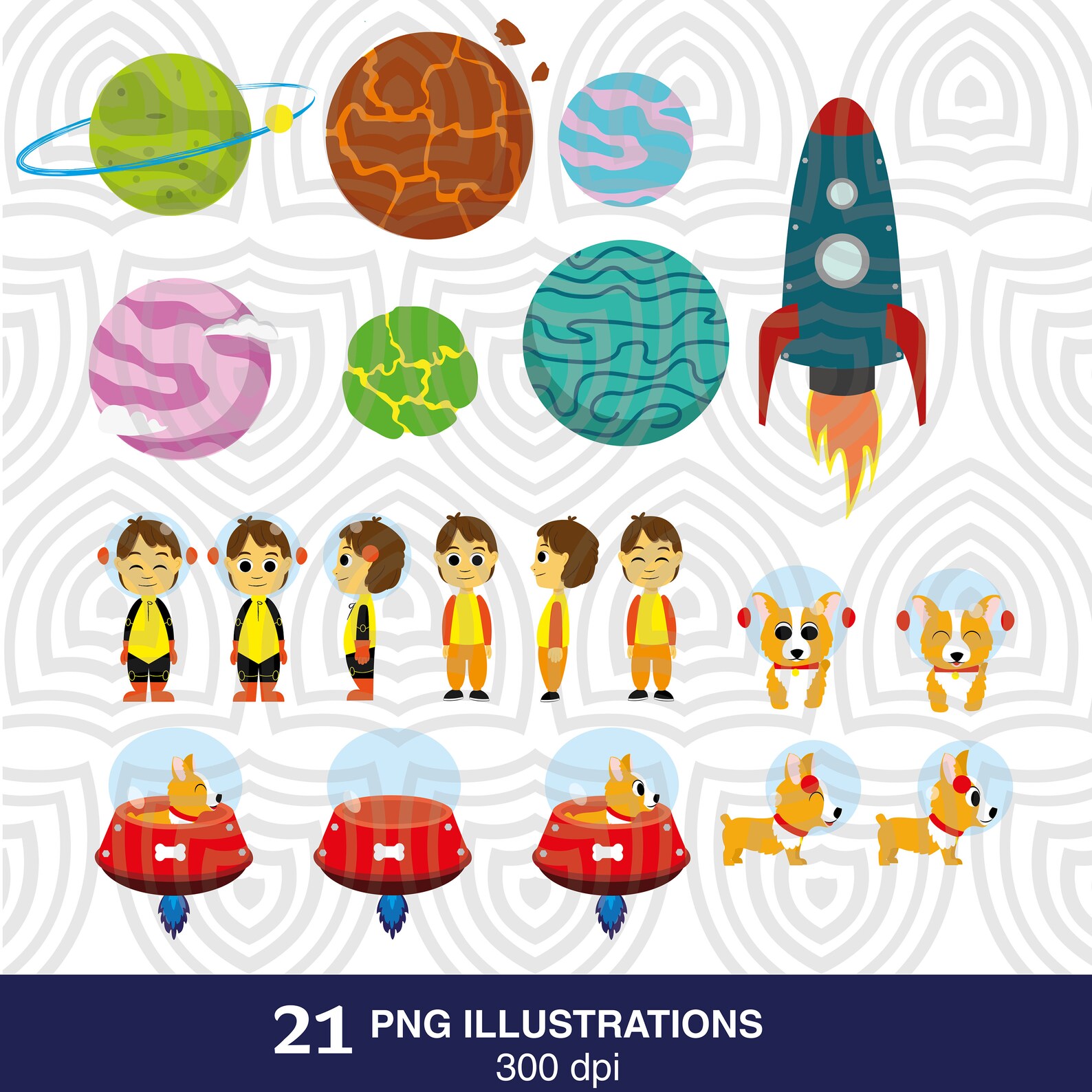 Clipart. Astronaut Boy and Cute Astronaut Dog in Space With Different ...