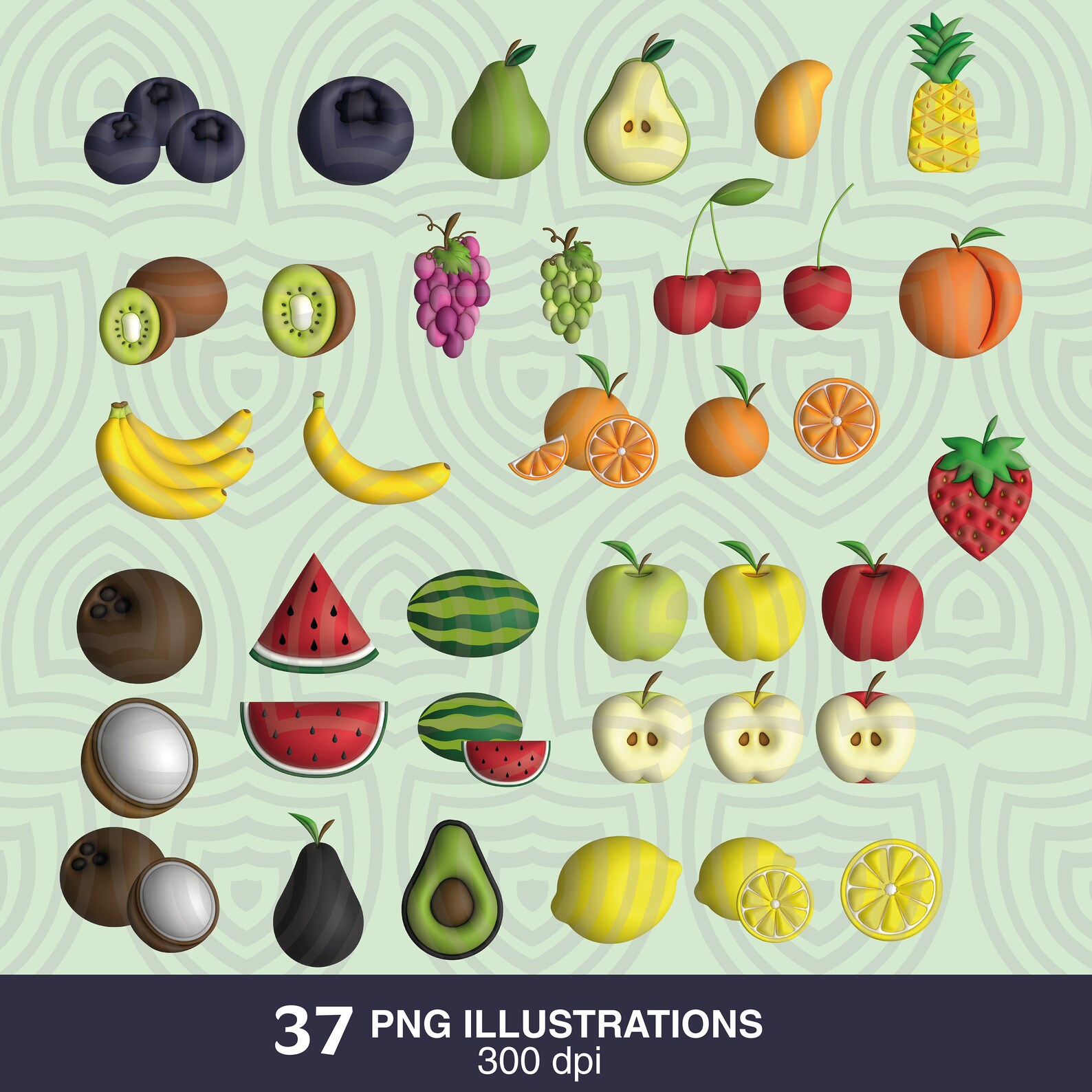 Clipart. Fruits. Apple, Banana, Orange, Strawberry, Banana, Watermelon ...