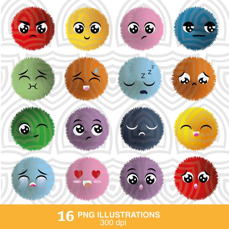Clipart. Plush Balls With Different Emotions and Colors. Educational ...