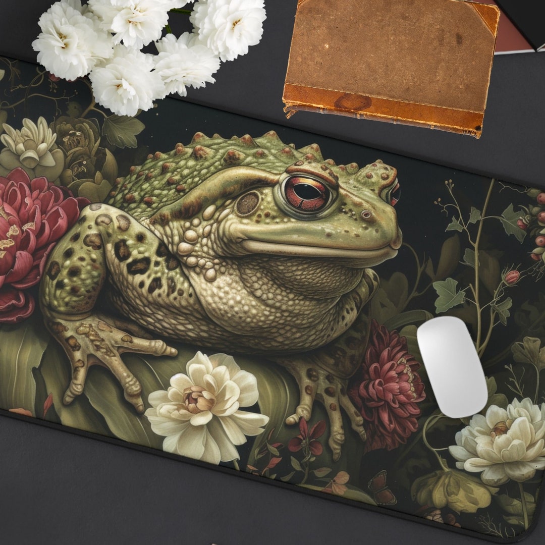 Goblincore Decor Desk Mat, Green Toad Dark Cottagecore Baroque Floral ...