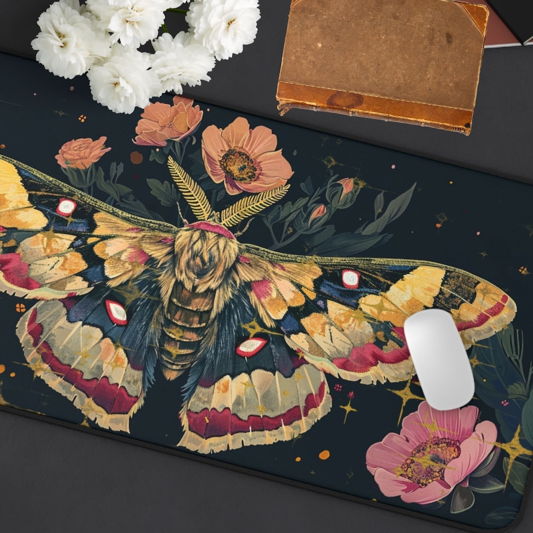 Cottagecore Magical Moth Desk Mat, Nature Aesthetic Pink and Green ...