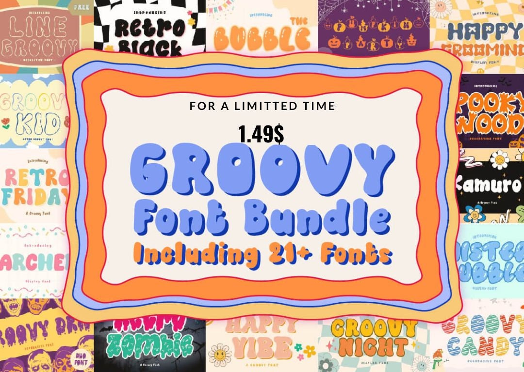 Retro Groovy Font Bundle, Retro Font, Groovy Font, Boho, Bubbly Font ...