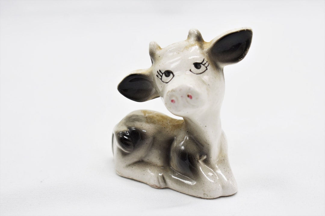 Vintage Cow Japanese Ceramic Sculpture - Adorable Baby Calf, Gray ...