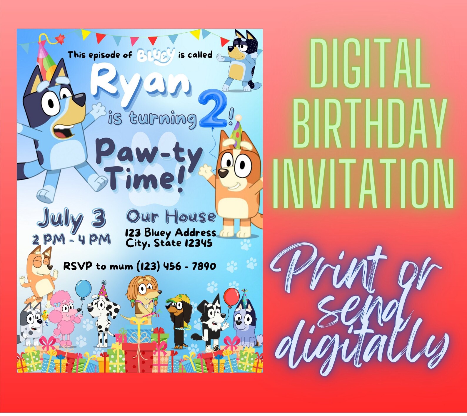 Bluey Birthday Party Invitation, Personalized, Bluey, Bluey, Birthday ...