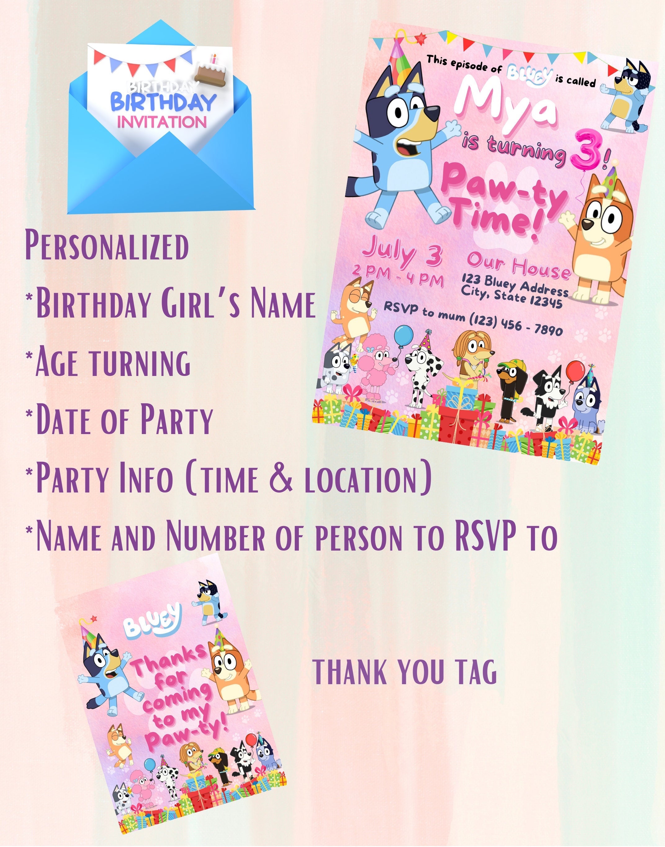 Bluey Birthday Party Invitation, Personalized, Bluey, Bluey, Birthday ...