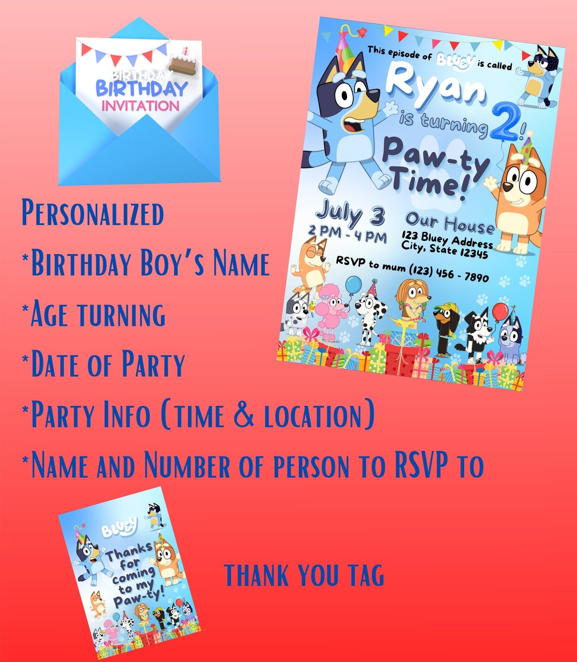 Bluey Birthday Party Invitation, Personalized, Bluey, Bluey, Birthday ...