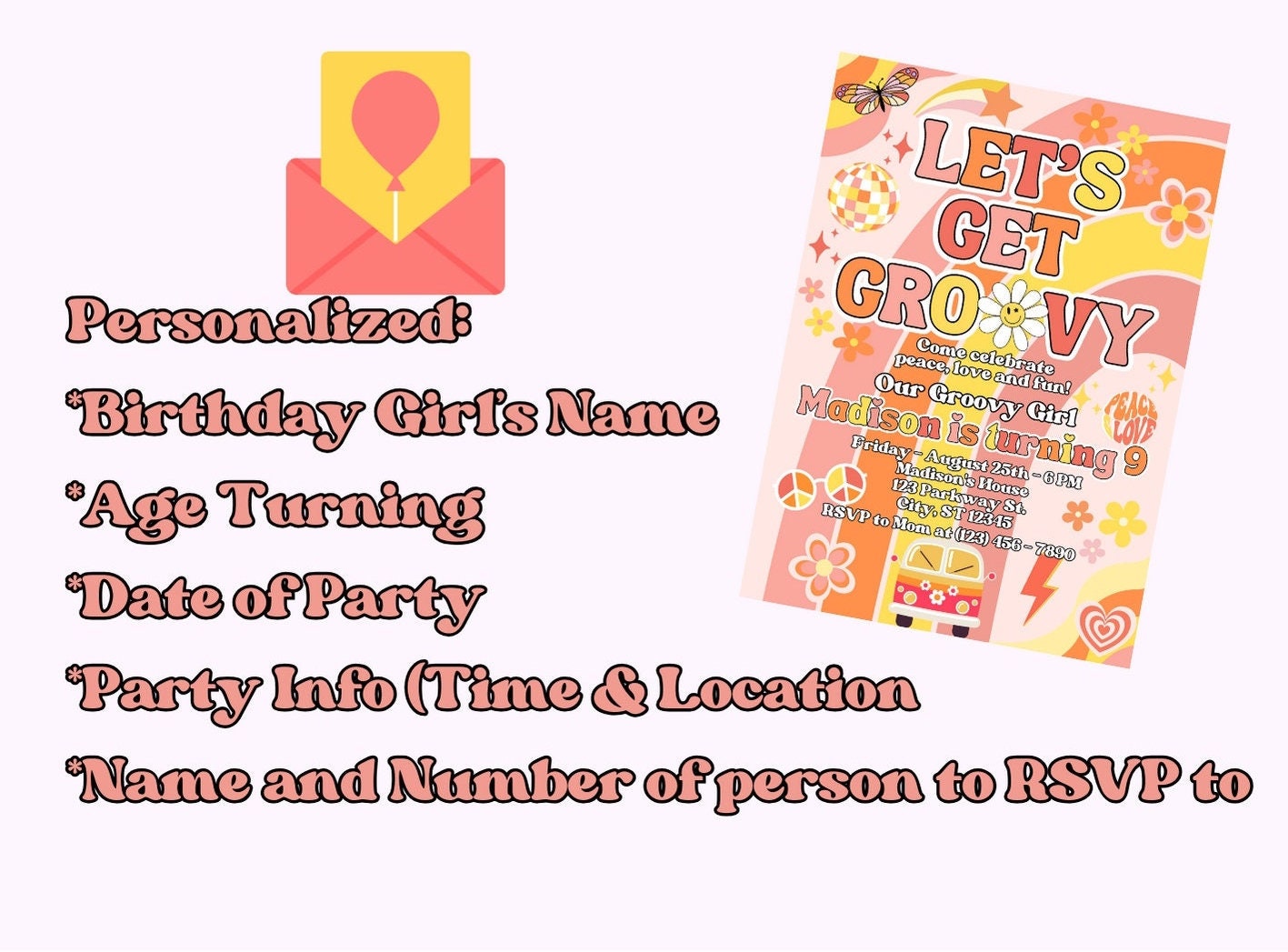 Groovy Birthday Party Invitation , Personalized, Groovy, Groovy Girl ...