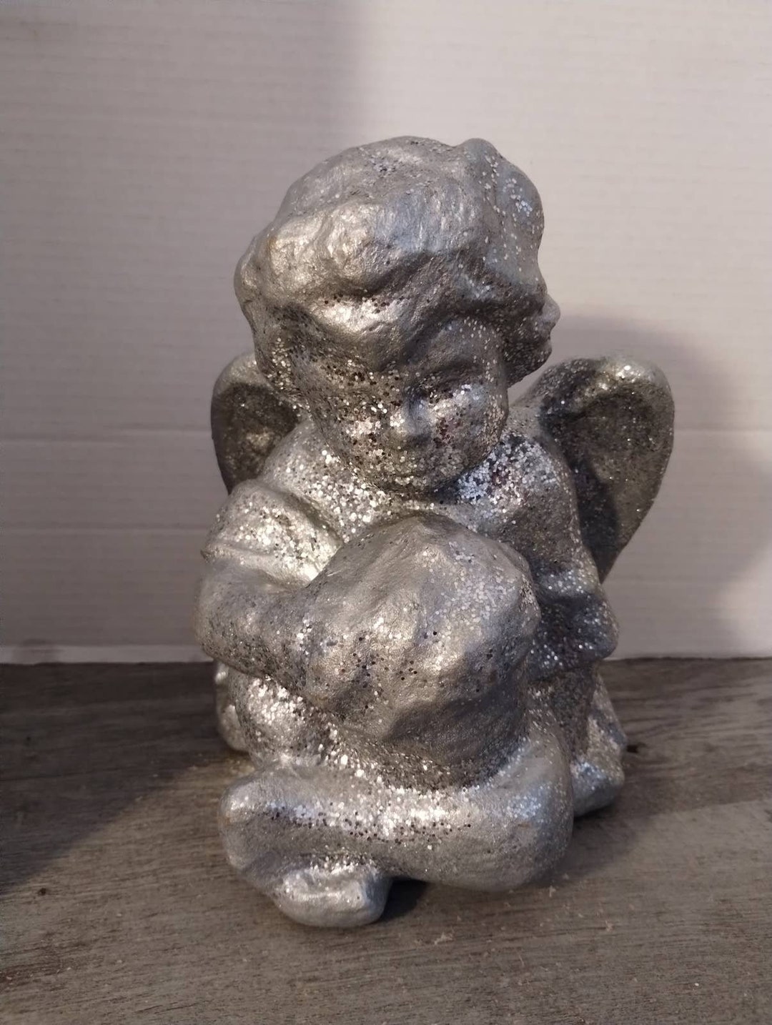 9" Paper Mache Silver Glitter Cherub Angel - Etsy
