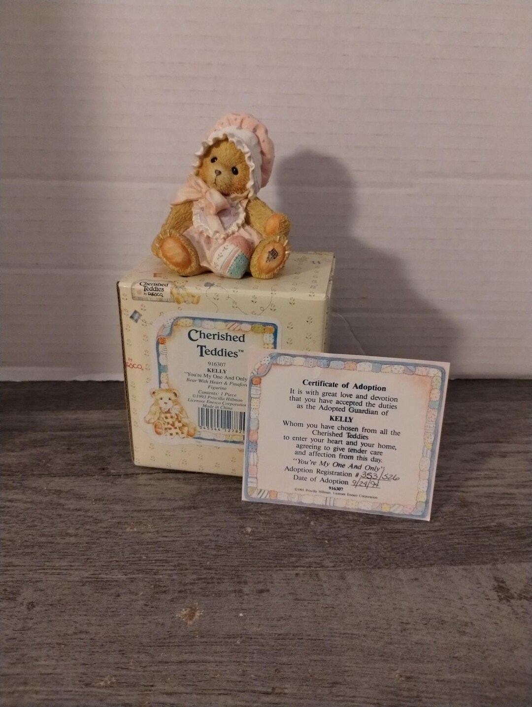 1993 Cherished Teddies Kelly Bear With Heart and Pinafore Figurine ...