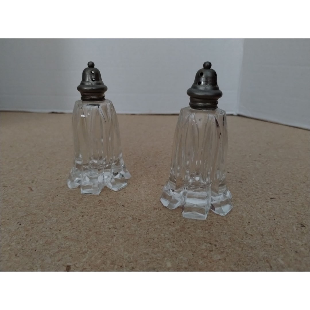 F.B. Rogers Crystal Glass Salt and Pepper Shakers Silverplate Caps ...