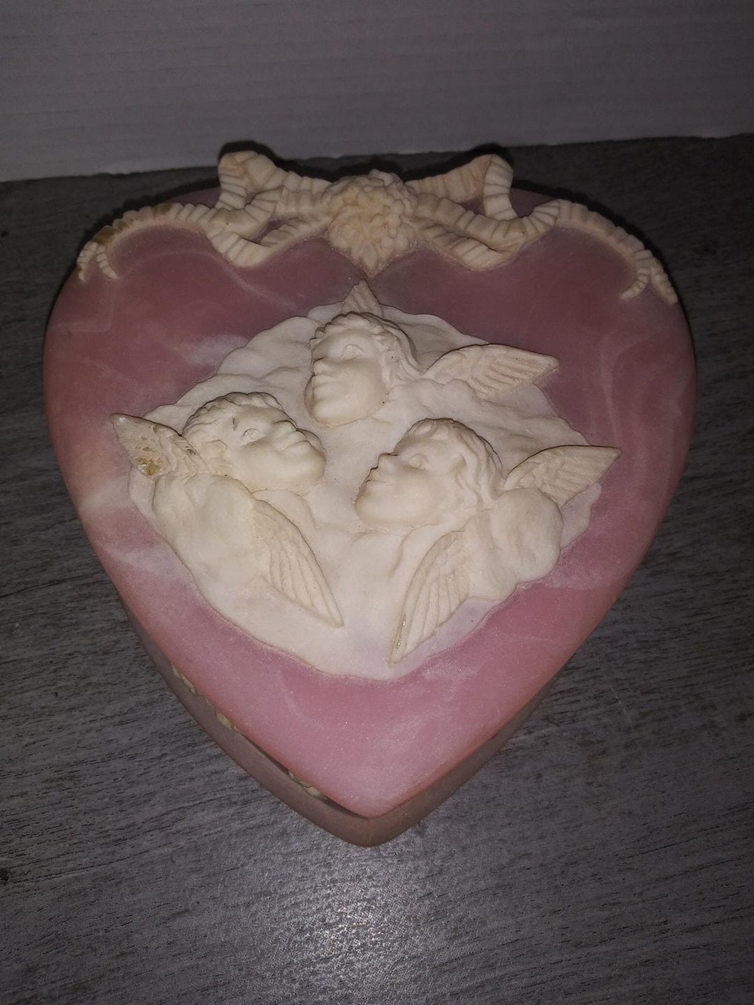 Genuine Vintage Incolay Stone Pink Cherub Heart Jewelry Hinged Trinket ...