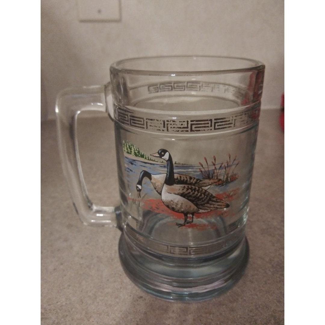 Glass Beer Stein Hunting Canadian Geese 5" Blue Tint Silver Design ...