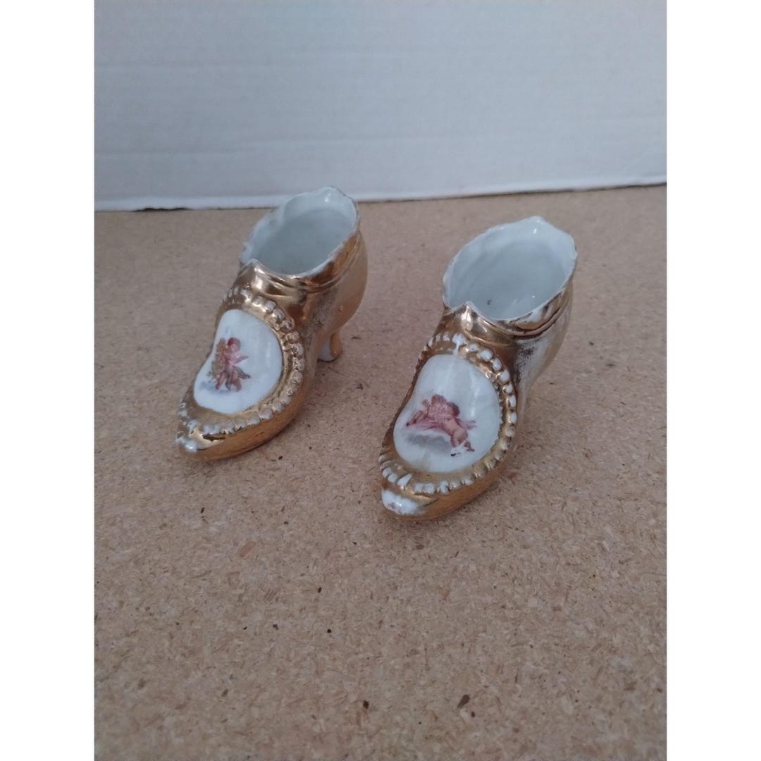 Set of 2 Cherub Rococo Style Gold Slipper Ceramic Shoe European Design ...