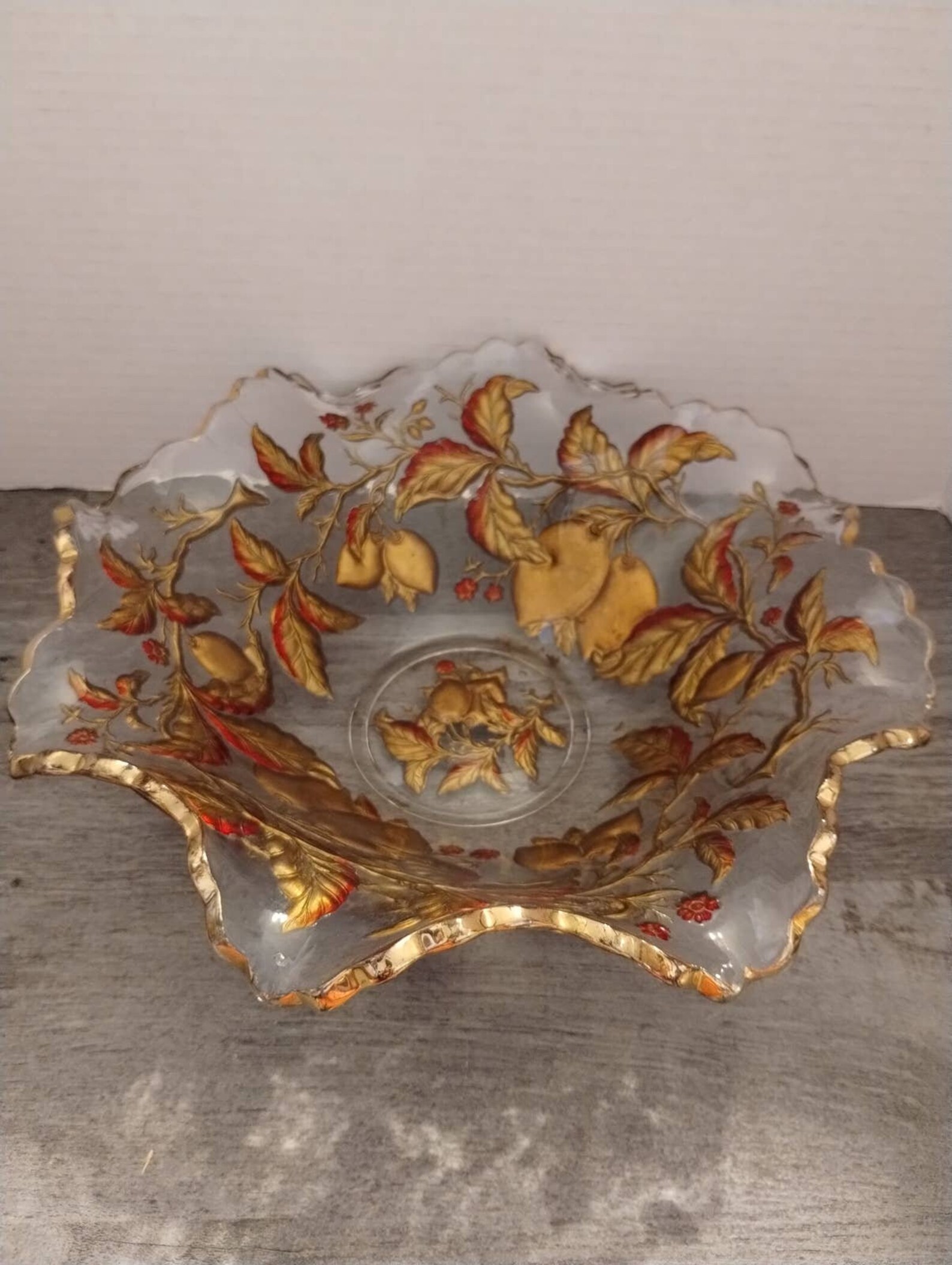 12" Goofus Glass Bowl Lemons Gold and Red Leaf Design - Etsy