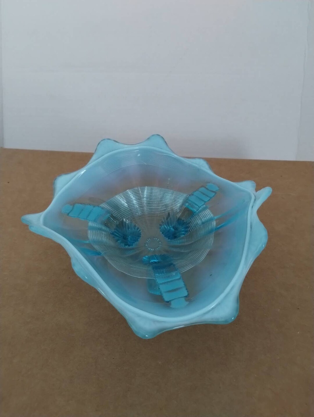 Opalescent Ruffled Edge Blue Glass Three Footed Candy Bowl Dish - Etsy