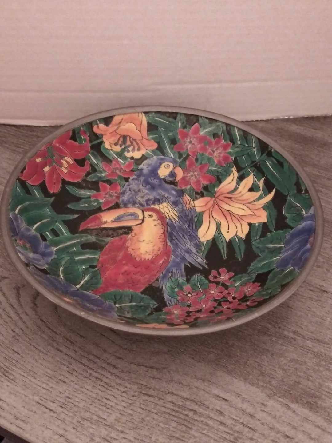 Pewter Encased Porcelain Bowl Enameled Exotic Toucan Parrots Bird ...