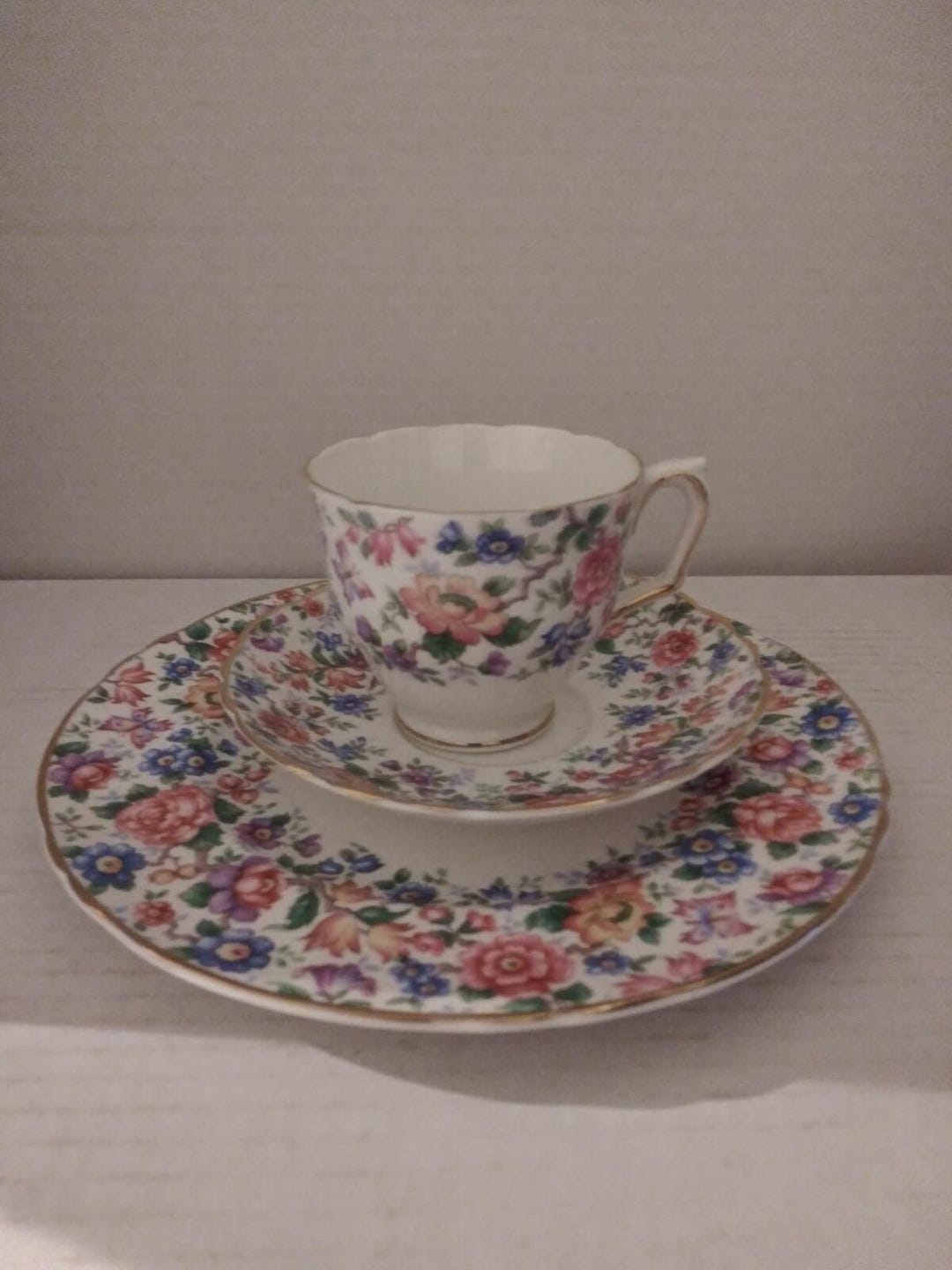 Crown Staffordshire Trio Cup Saucer Plate Springtime Pink Blue W/gold ...