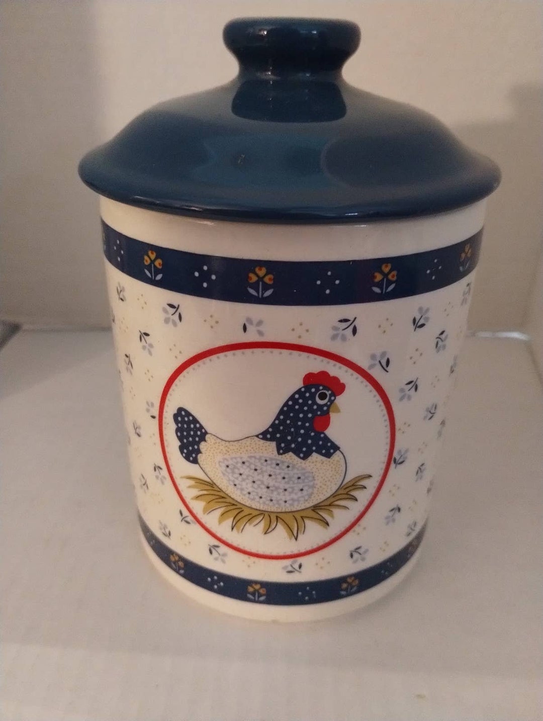 Blue Pattern Country Hens Kitchen Ceramic Canisters Rooster / Chicken 6 ...