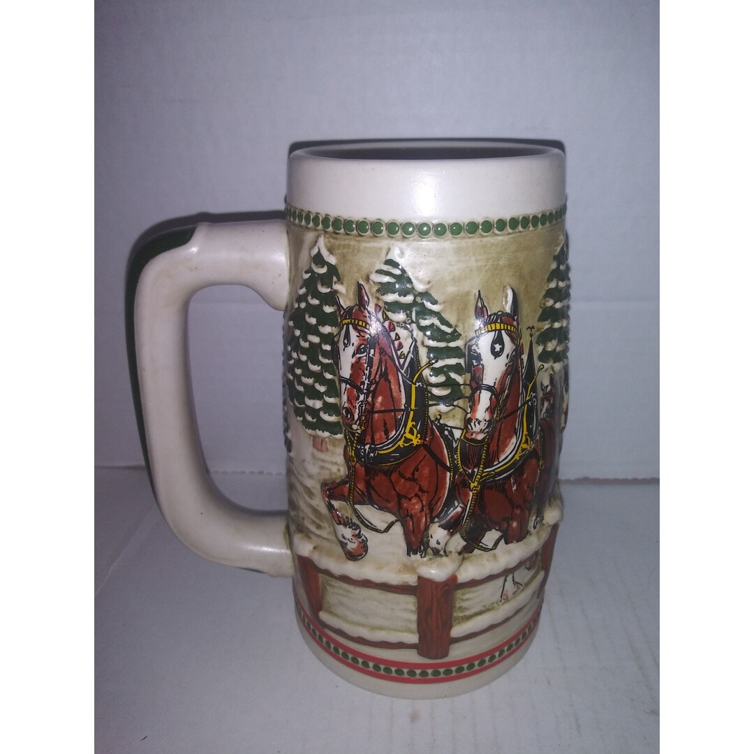 Vintage Budweiser Beer Snowy Winter's Eve Clydesdales Mug Ceramarte ...