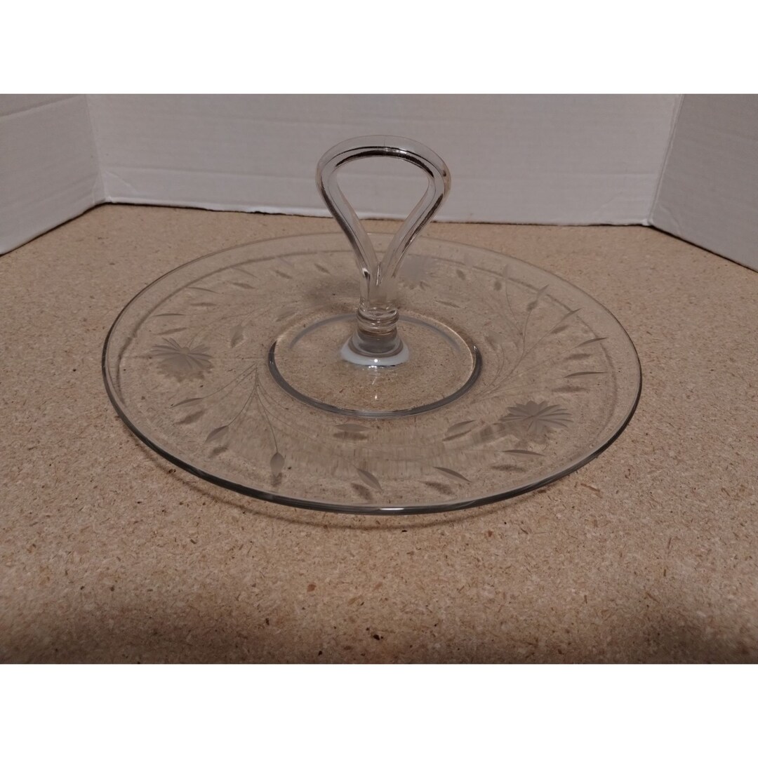 Etched Glass Tray With Loop Handle Pressed Glass Serving Plate - Etsy