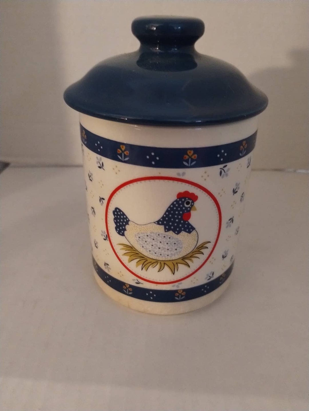 Blue Pattern Country Hens Kitchen Ceramic Canisters Rooster / Chicken 5 ...