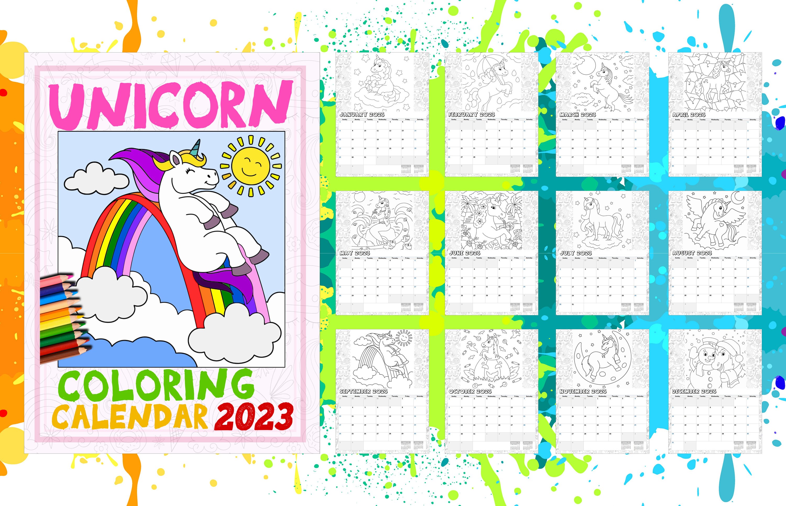 2023 Unicorn Coloring Calendar Printable Letter Size Monthly Calendar ...