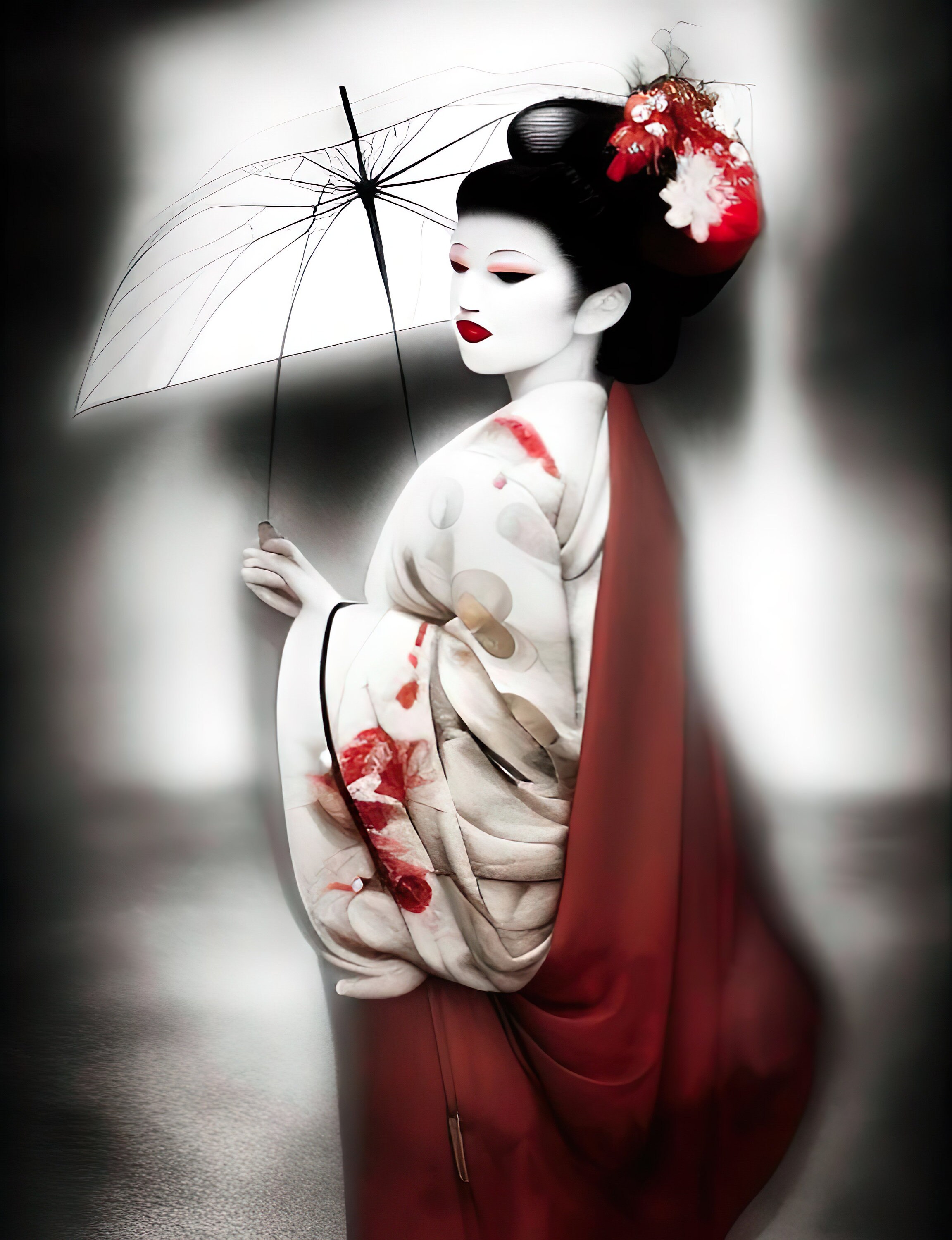 Traditional Japanese Geisha bijinga, Ink Drawing hakubyo, Suibokuga ...