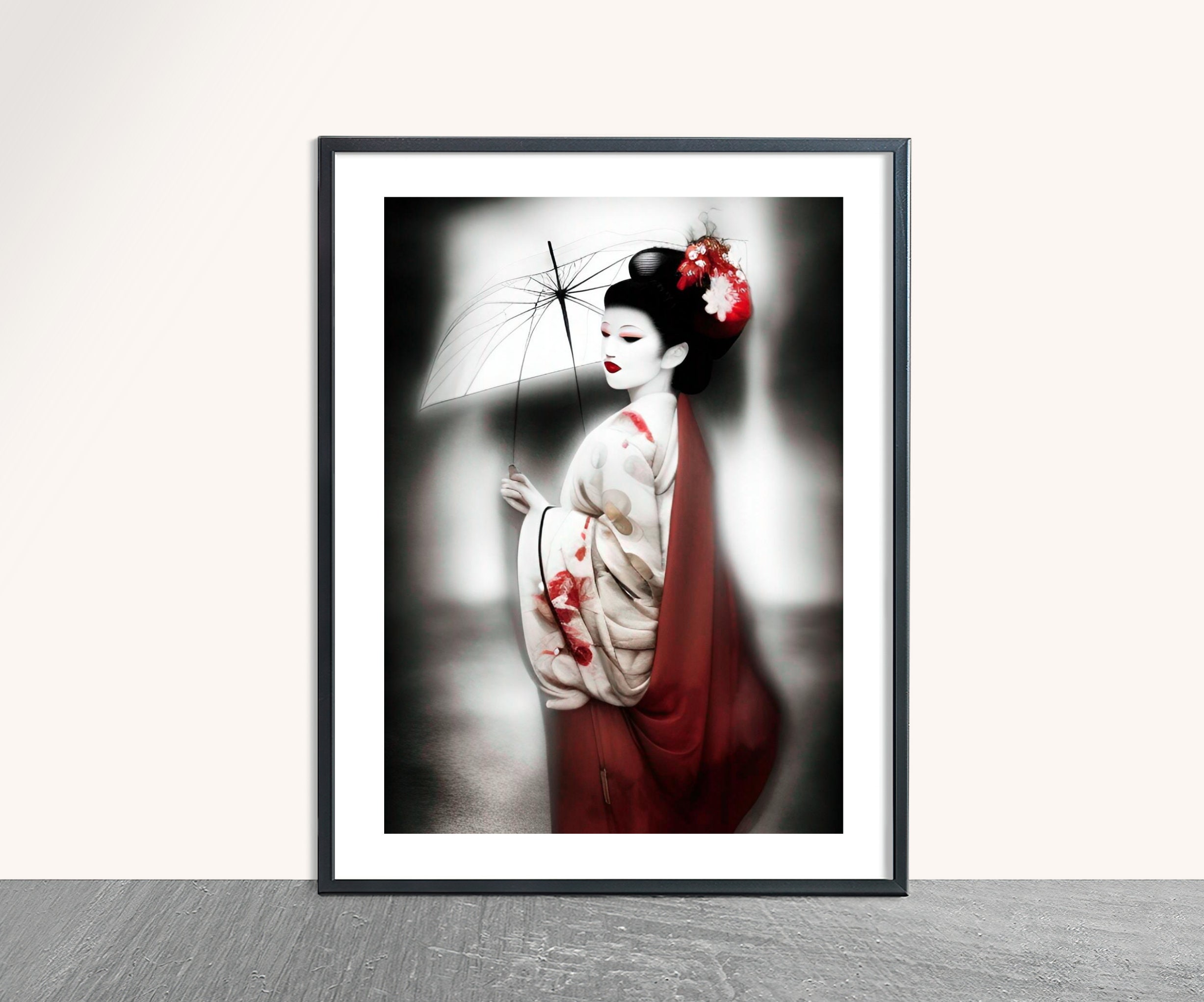 Traditional Japanese Geisha bijinga, Ink Drawing hakubyo, Suibokuga ...