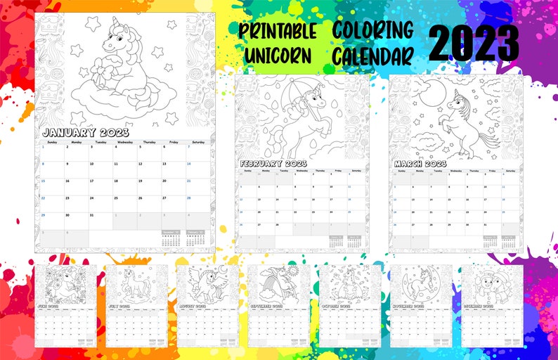 2023 Unicorn Coloring Calendar Printable Letter Size Monthly Calendar ...