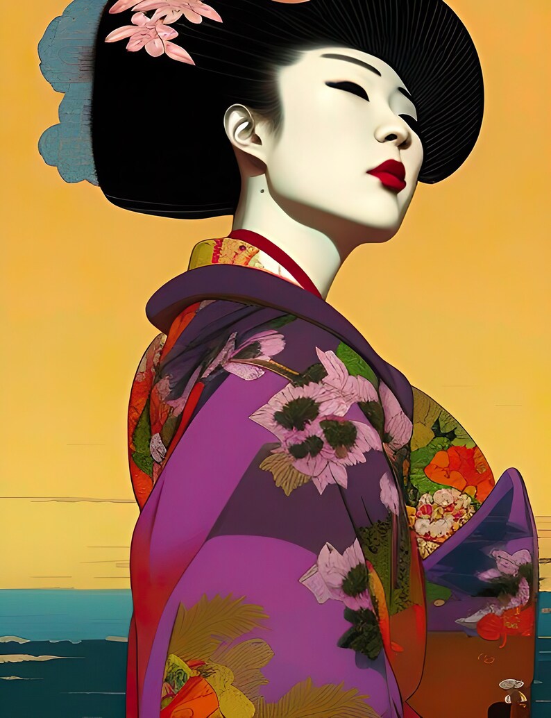 Traditional Japanese Geisha bijinga, Ink Drawing hakubyo, Suibokuga ...