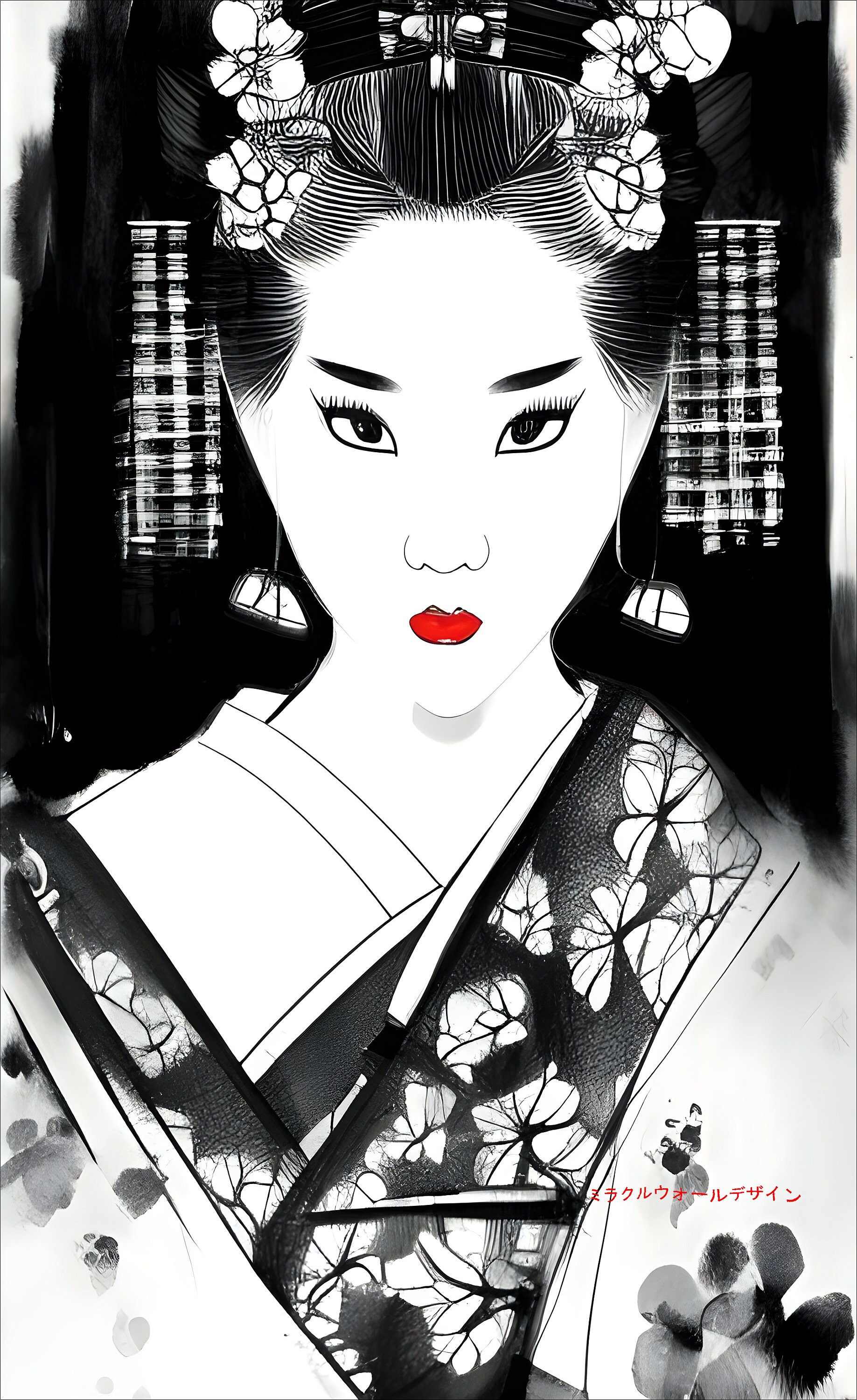 Japanese Geisha bijinga, Ink Drawing hakubyo, Suibokuga, Vintage Poster ...
