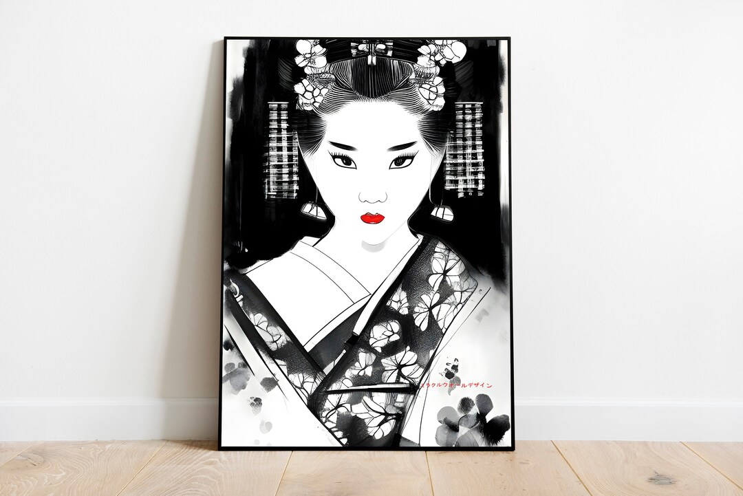 Japanese Geisha bijinga, Ink Drawing hakubyo, Suibokuga, Vintage Poster ...