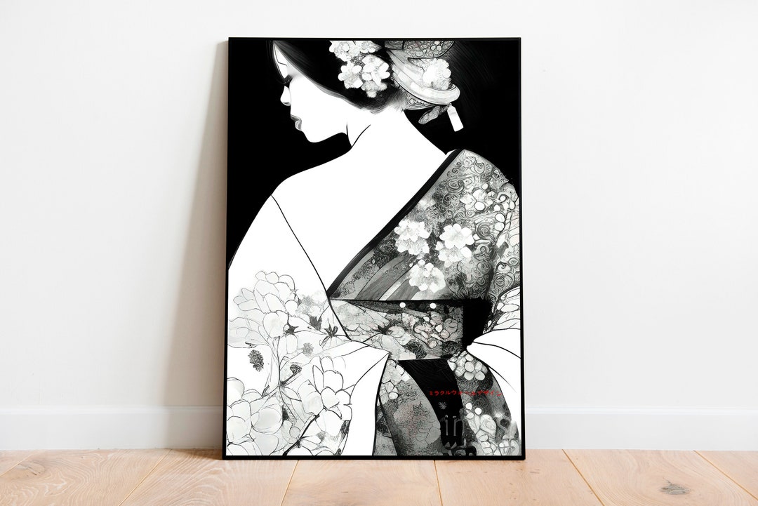 Japanese Geisha bijinga, Ink Drawing hakubyo, Suibokuga, Vintage Poster ...
