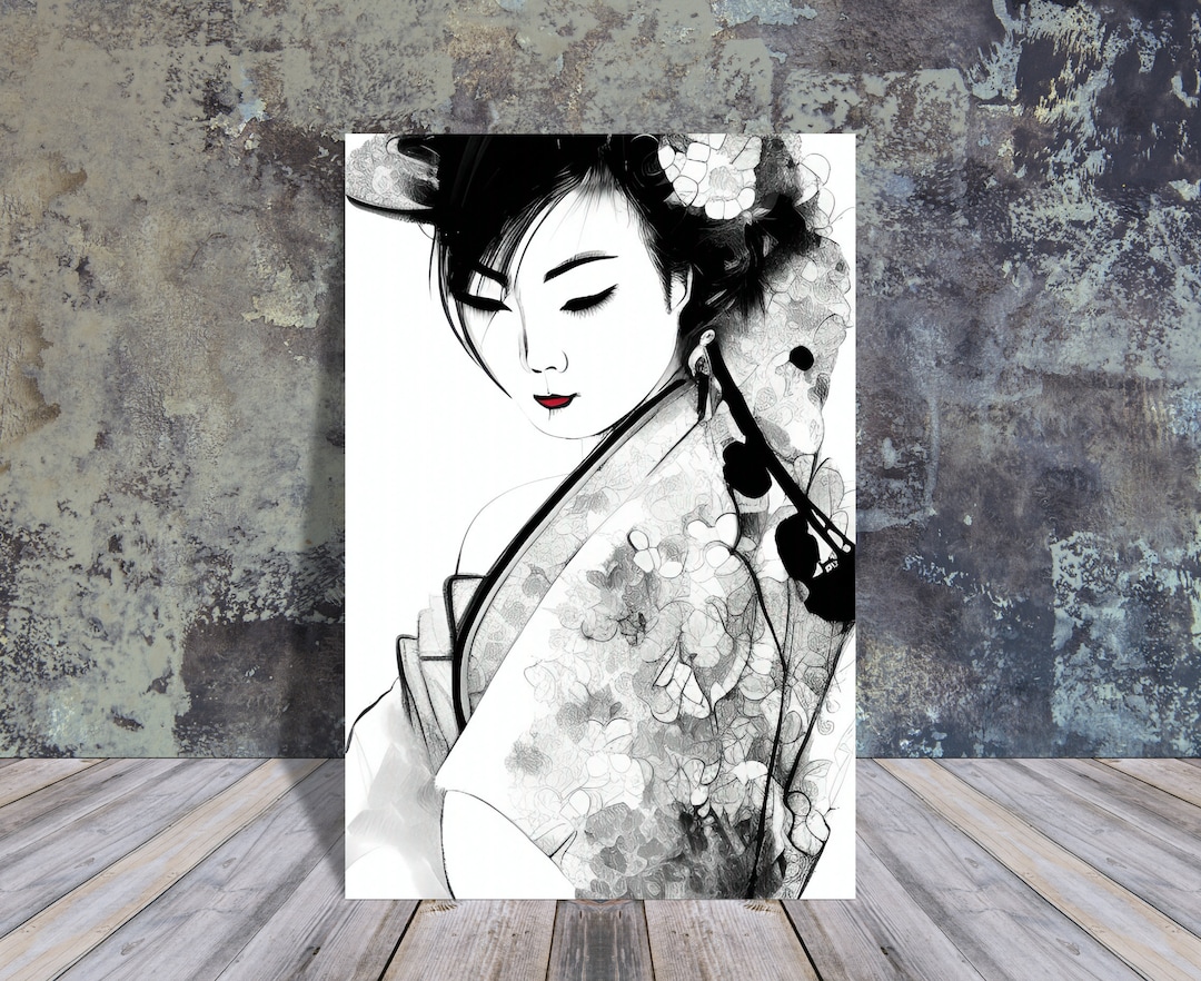 Traditional Japanese Geisha bijinga, Ink Drawing hakubyo, Suibokuga ...