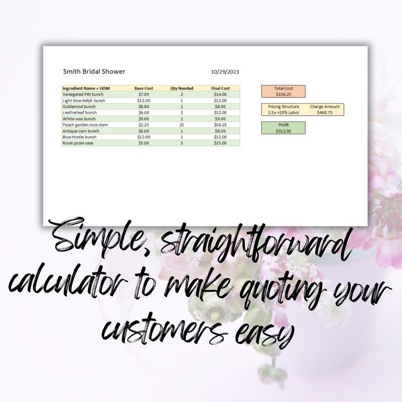 Microsoft Excel Digital Floral & Craft Cost Calculator - Etsy