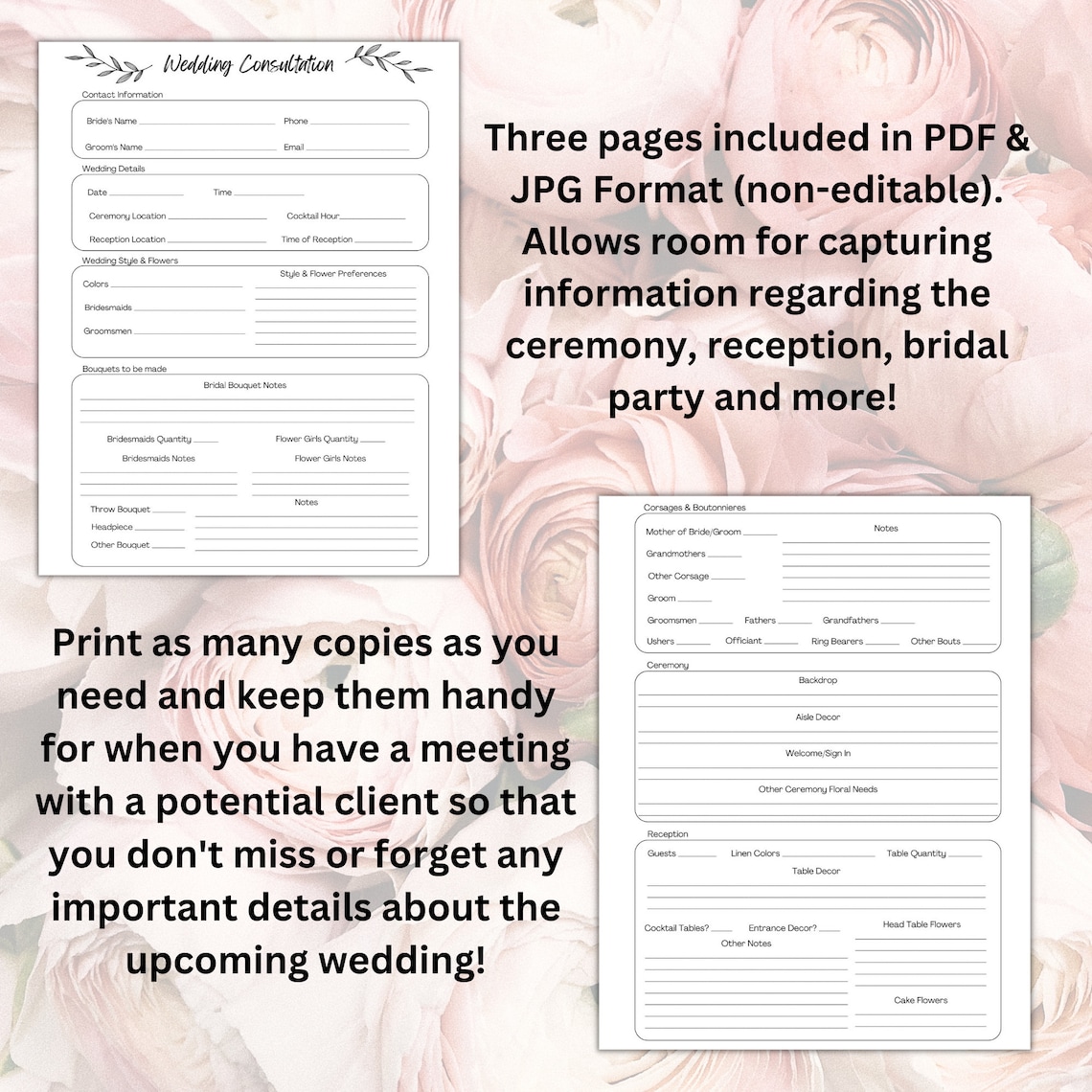 Digital Printable Wedding Consultation Form for Floral Designers - Etsy