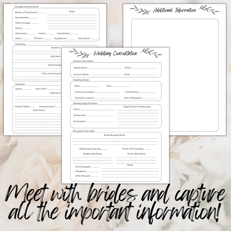 Digital Printable Wedding Consultation Form for Floral Designers - Etsy