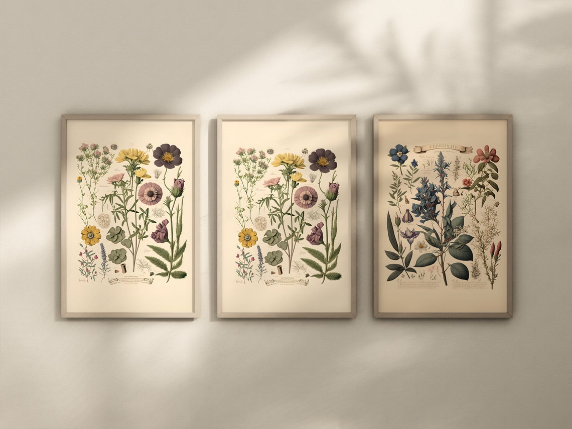 Vintage Botanical Tryptic, Set of 3, Botanical Wall Art, Floral Art ...