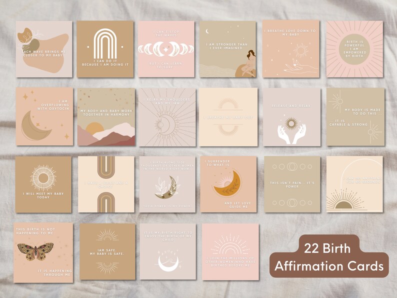 Neutral Boho Birth Affirmation Cards - Printable Birth Cards - Digital ...