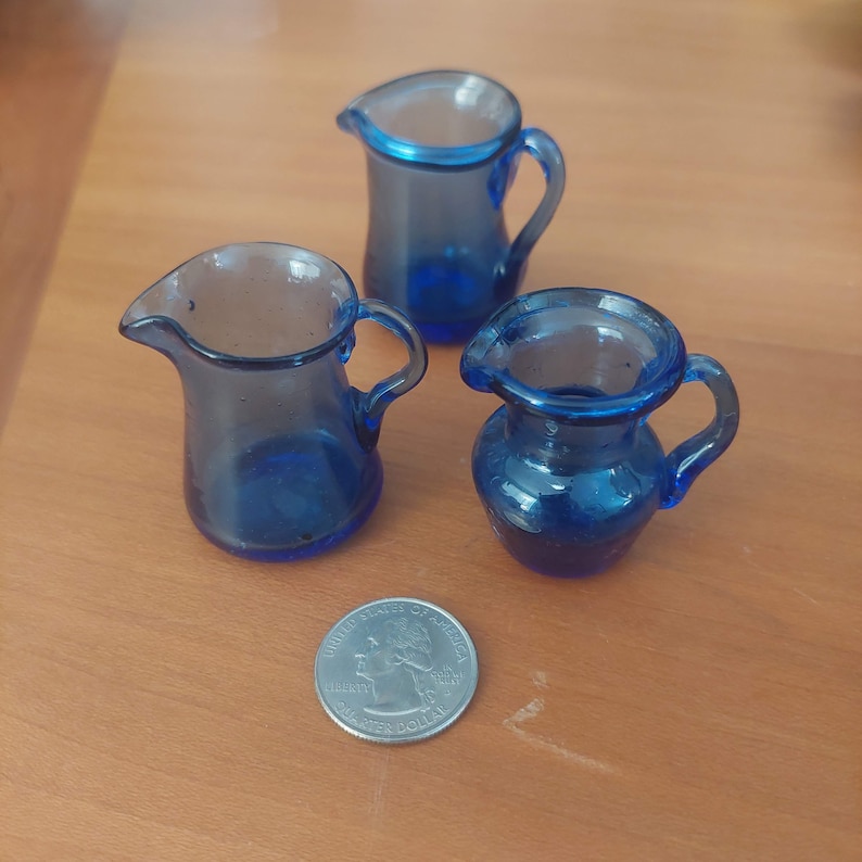 Vintage Miniature Hand Blown Blue Glass Pitchers Set of 3 - Etsy