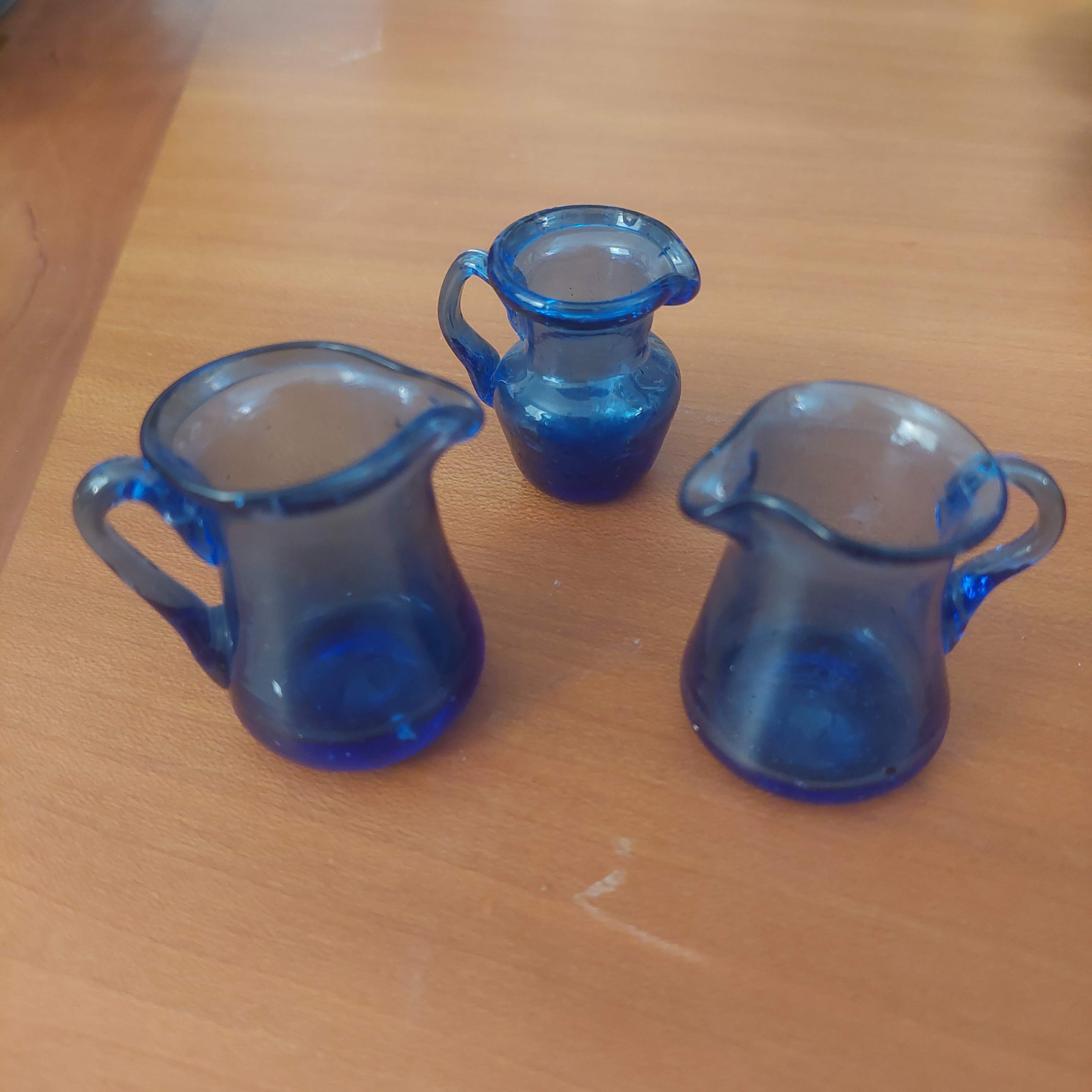 Vintage Miniature Hand Blown Blue Glass Pitchers Set of 3 - Etsy