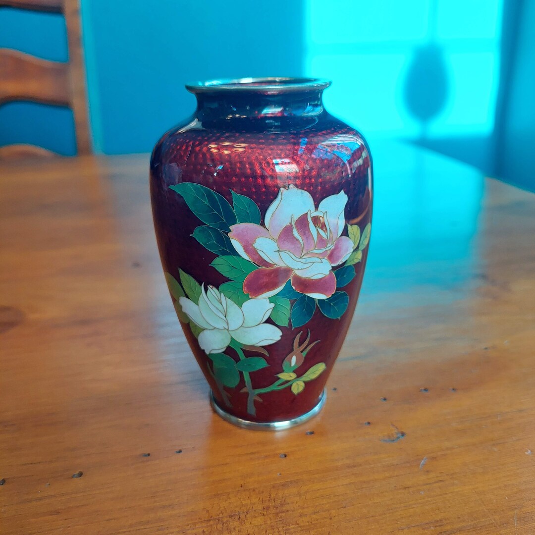 Vintage Small Ginbari Sato Ruby Red Akasuke Pigeon Blood Cloisonne Vase ...