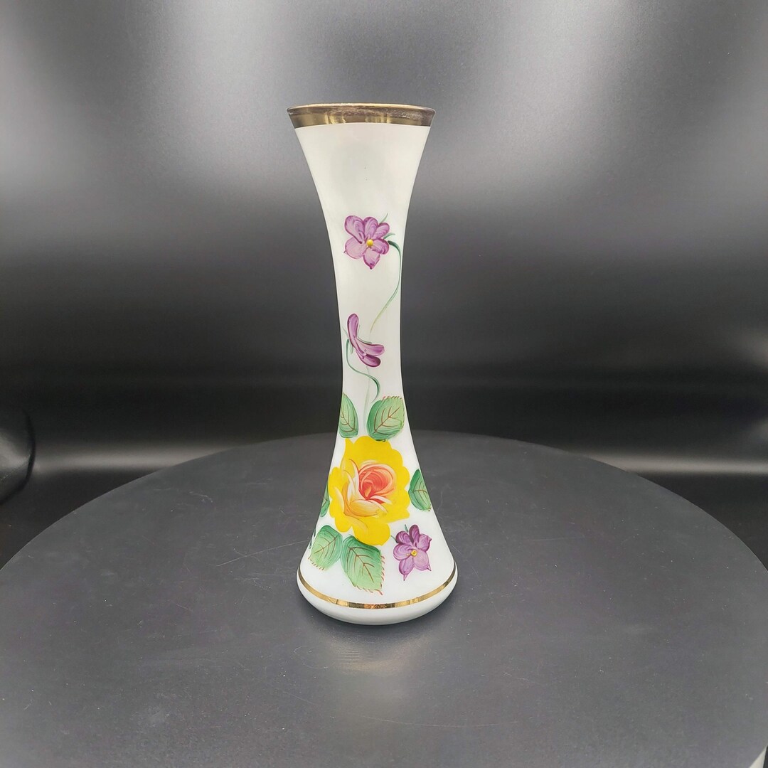 Vintage Hand Painted Translucent Milk Glass Bud Vase With Roses and ...