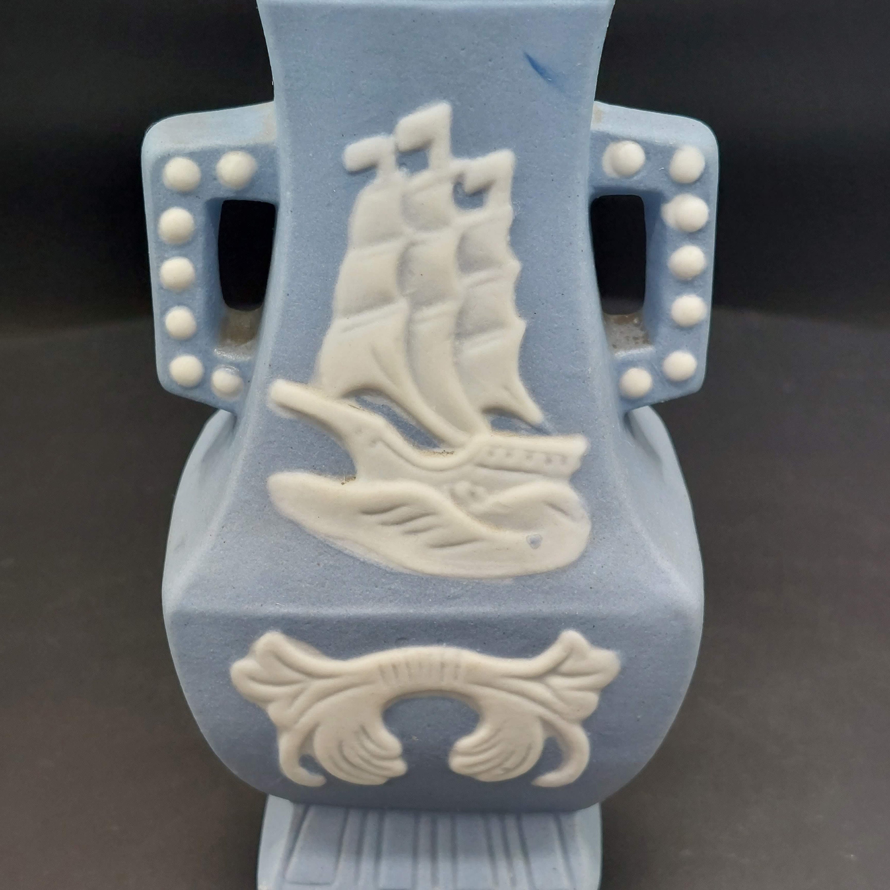 Vintage Blue and White Two-handled Vase With Ship With Billowing Sails ...