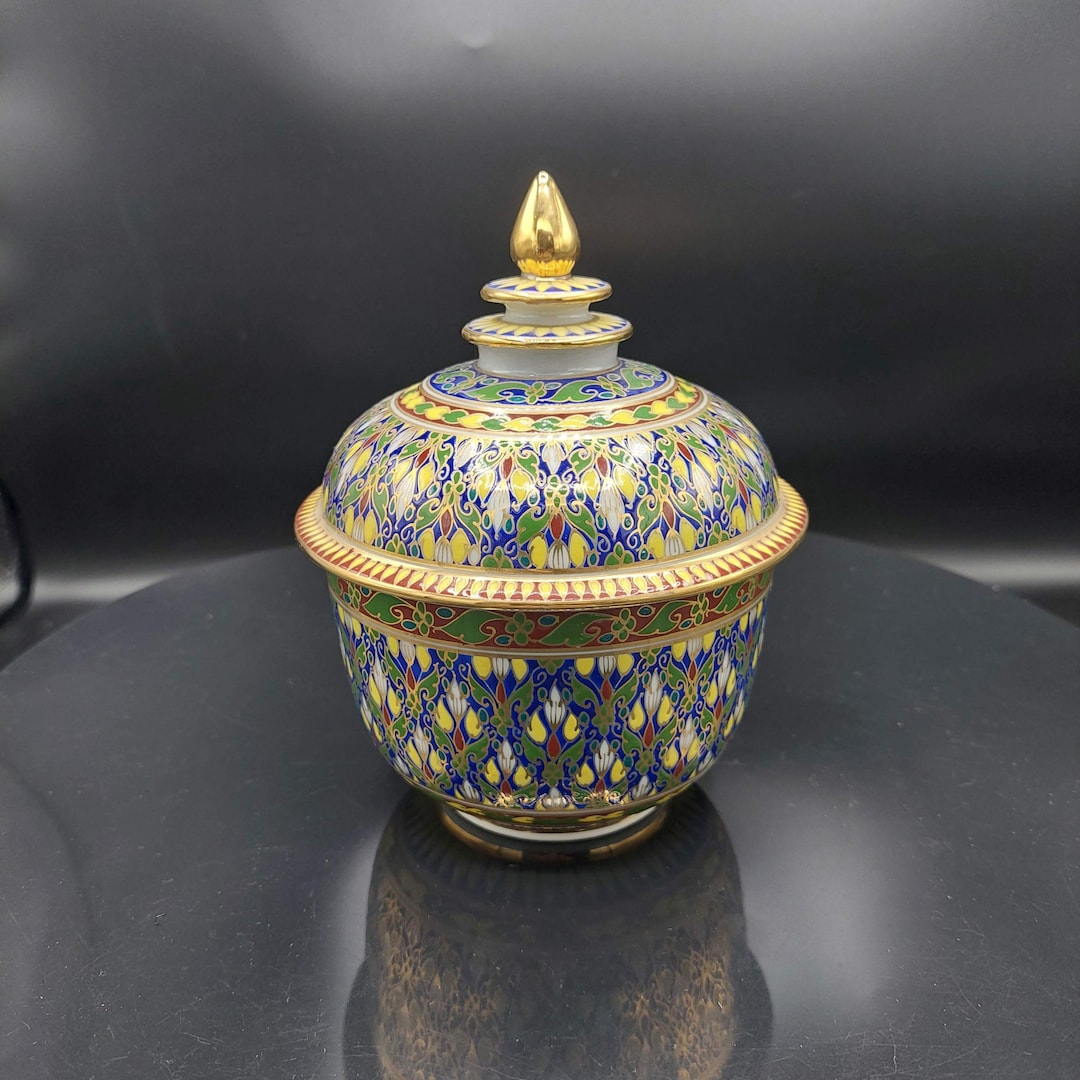 Vintage Thai Porcelain Benjarong Jar With Lid Hand Painted Enamel Blue ...