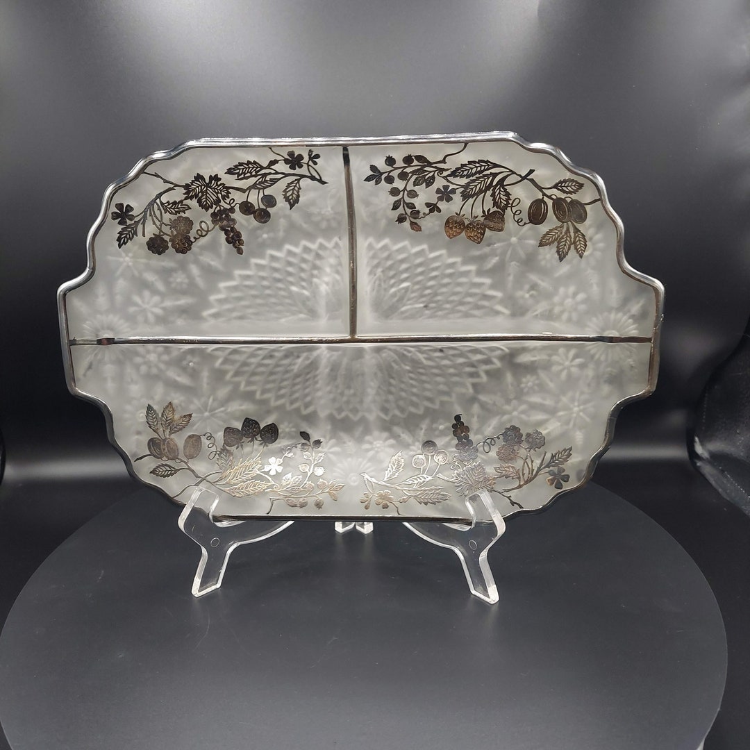 Vintage Frosted Glass Divided Dish With Raised Pattern on Back and ...
