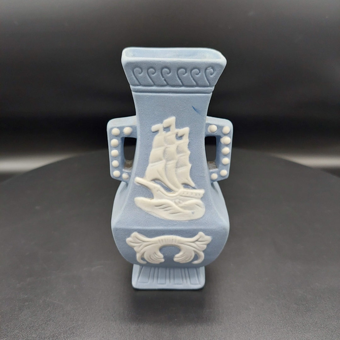 Vintage Blue and White Two-handled Vase With Ship With Billowing Sails ...