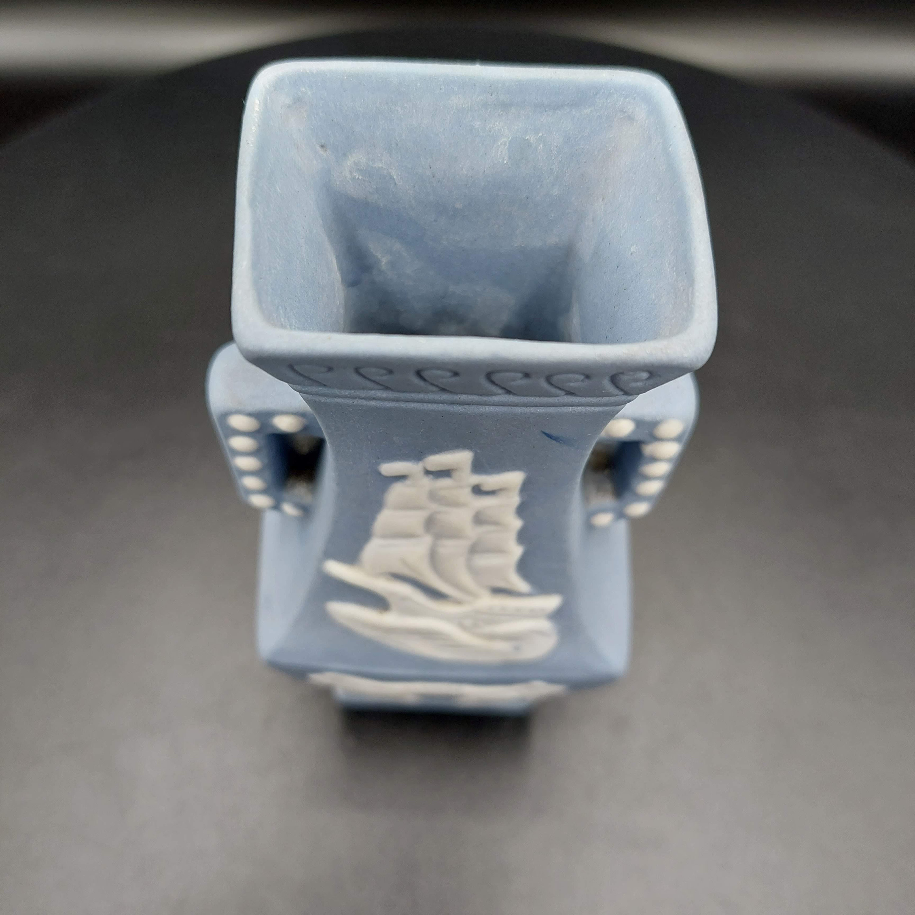 Vintage Blue and White Two-handled Vase With Ship With Billowing Sails ...