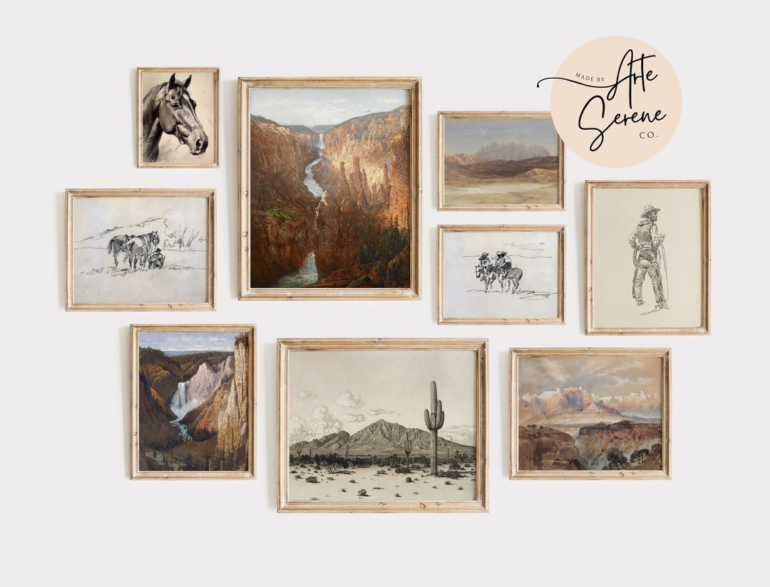 VINTAGE Southwestern Gallery Wall SET of 9 Western Cowboy Digital Art ...
