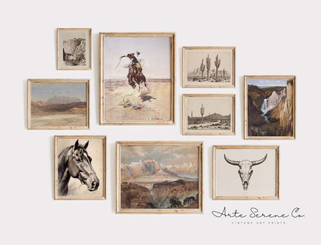 VINTAGE Western Gallery Wall SET of 9 Southwestern Digital Art Prints Rustic Country Printable ...